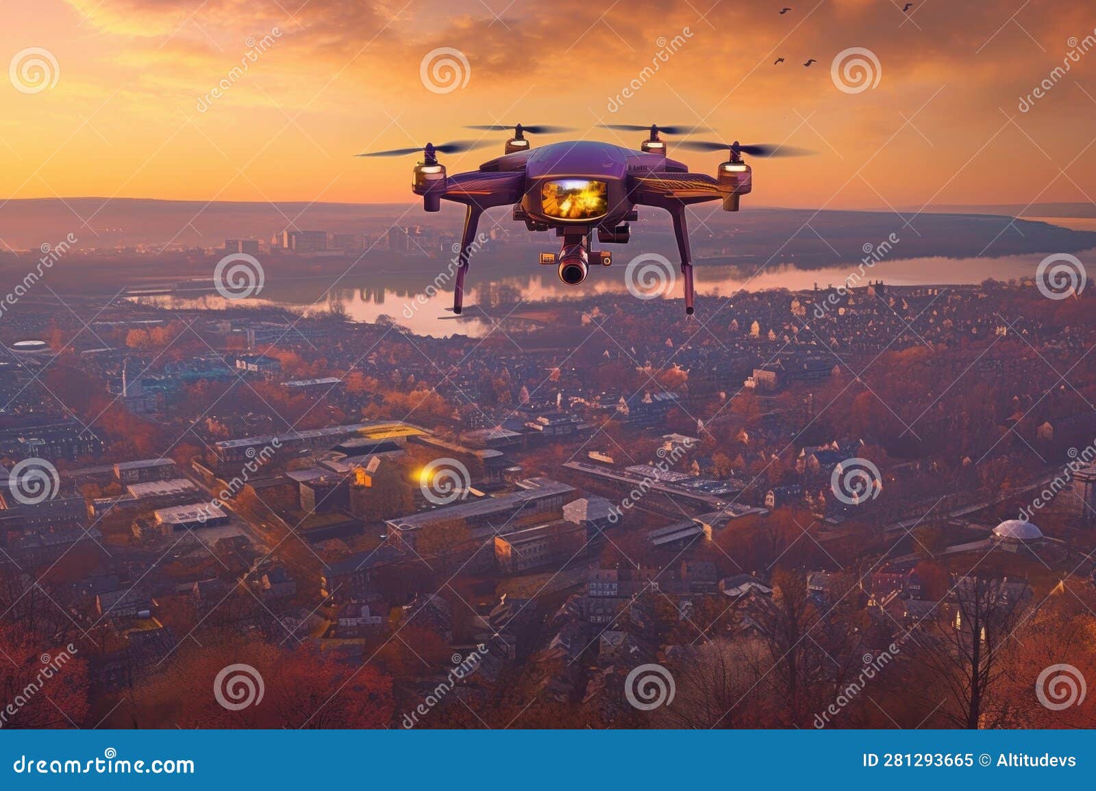 Drone with Camera Capturing Panoramic City Skyline Stock Illustration ...