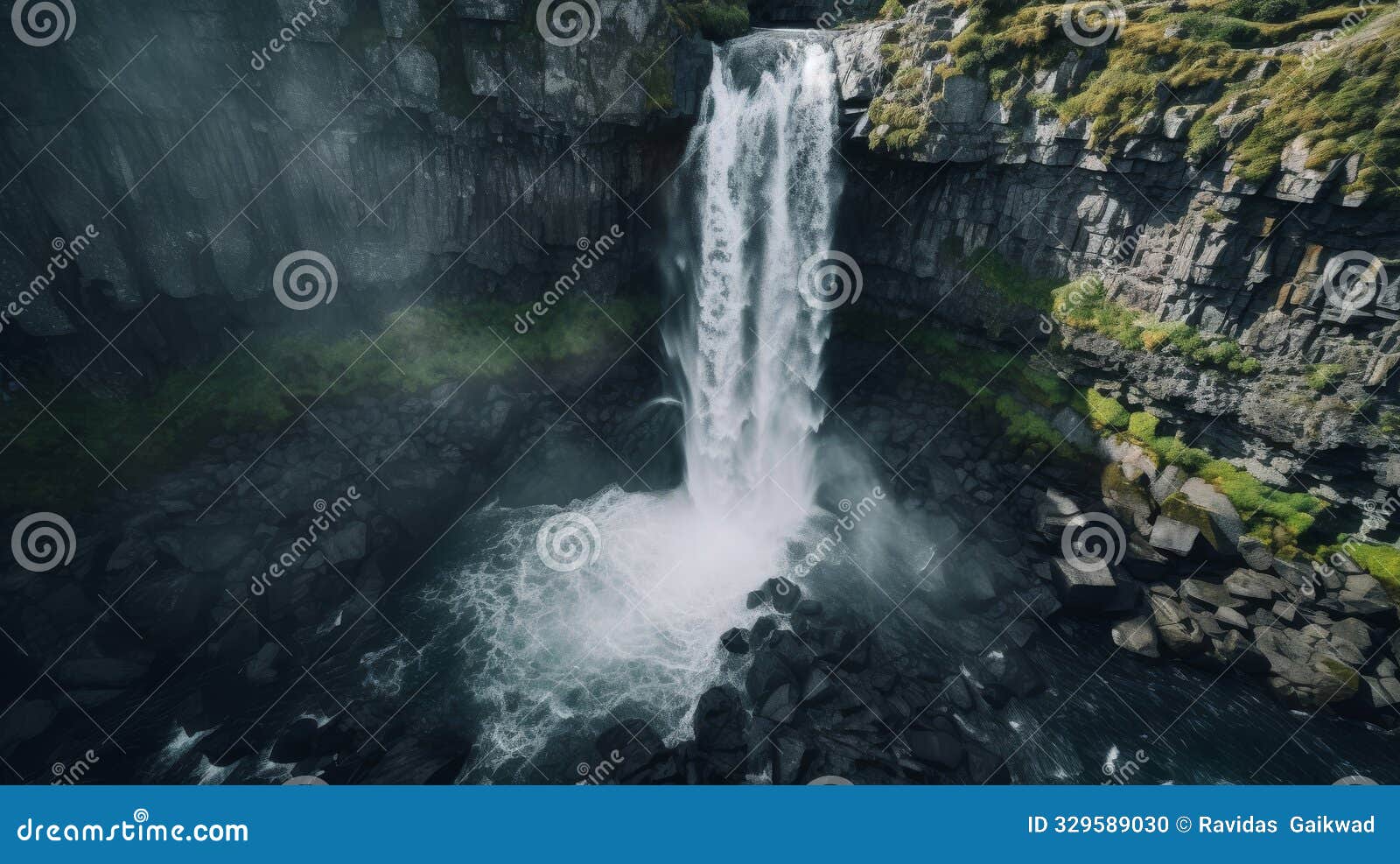 Drone Captures Waterfall in Low Angle View Stock Illustration ...