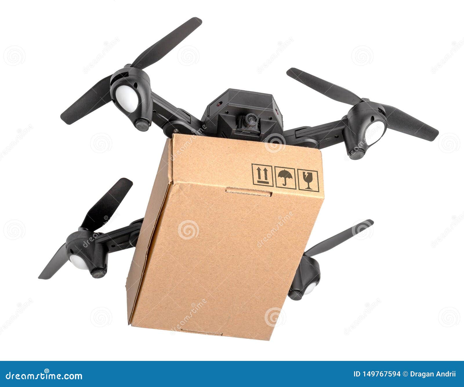 Drone with Cardboard Box Makes Delivery by Air. Drone with Camera ...