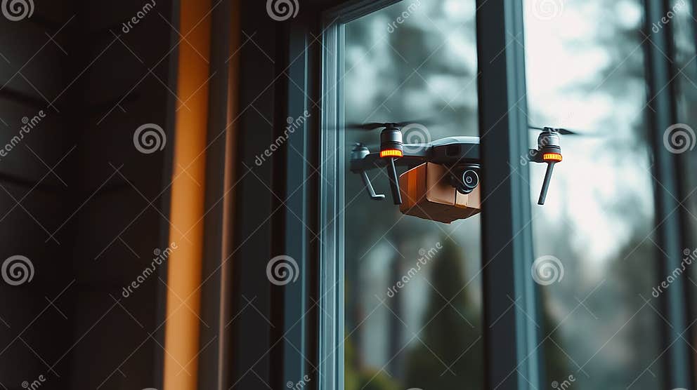 Drone Carefully Delivering a Small Package through a Window Stock ...