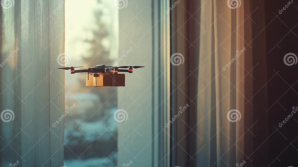 Drone Carefully Delivering a Small Package through a Window Stock Photo ...