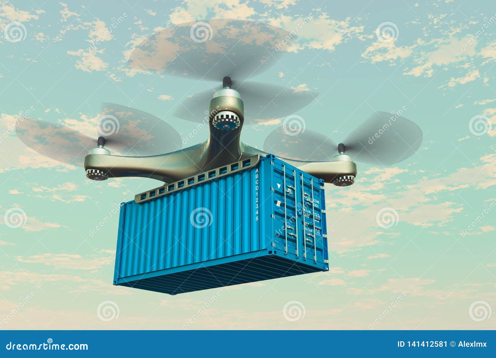 Drone with Cargo Container in the Blue Sky, 3D Rendering Stock ...