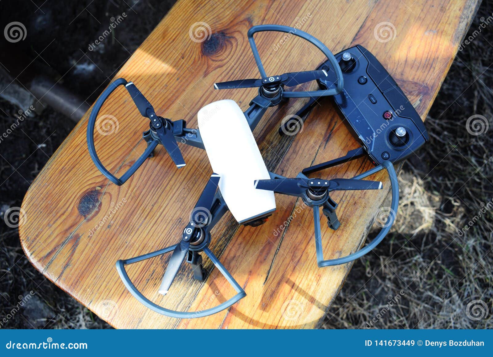 Drone and Control Panel on Wooden Background Stock Image - Image of ...