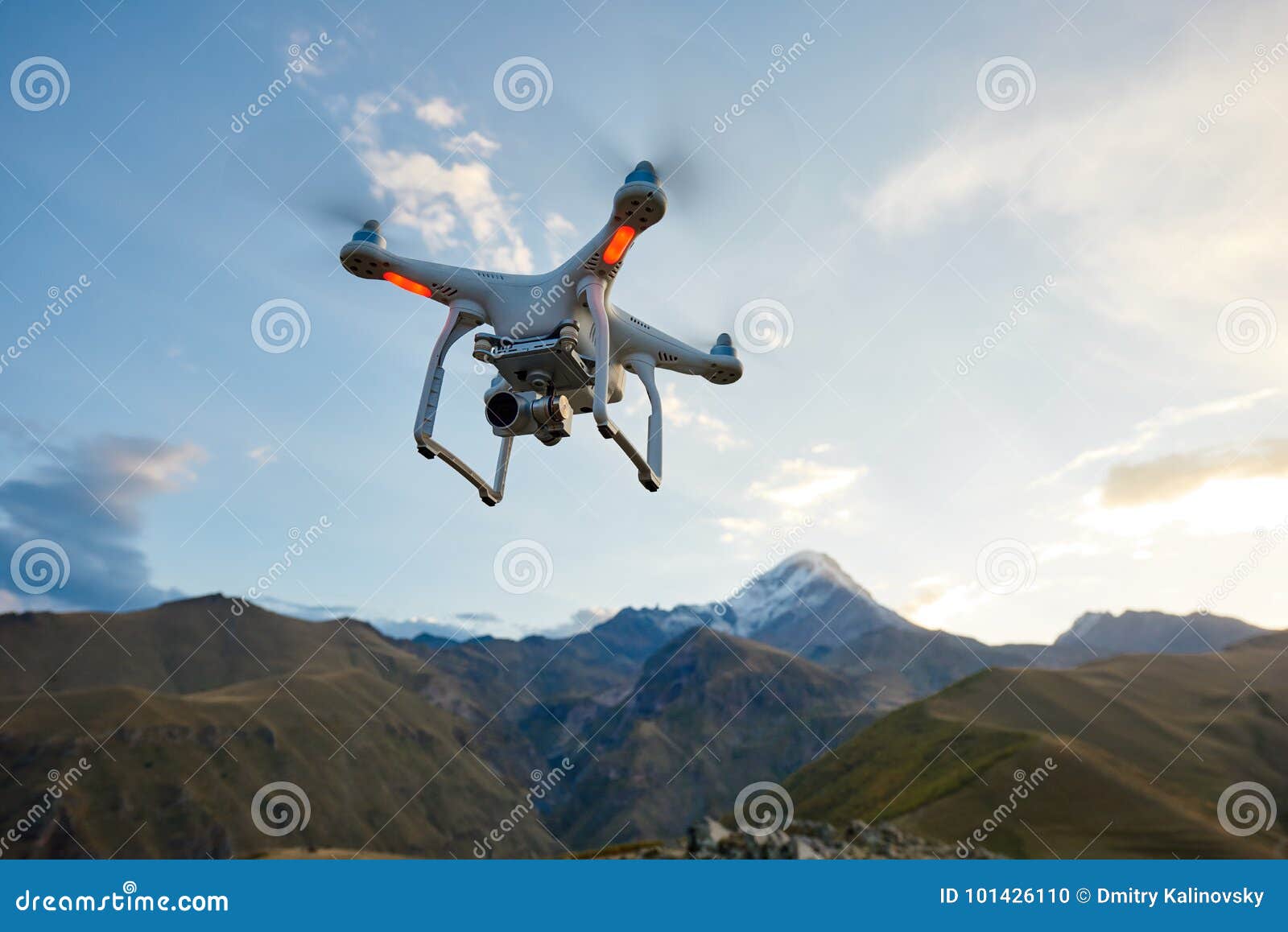 Drone Copter Flying with Digital Camera in Mountains Stock Photo ...