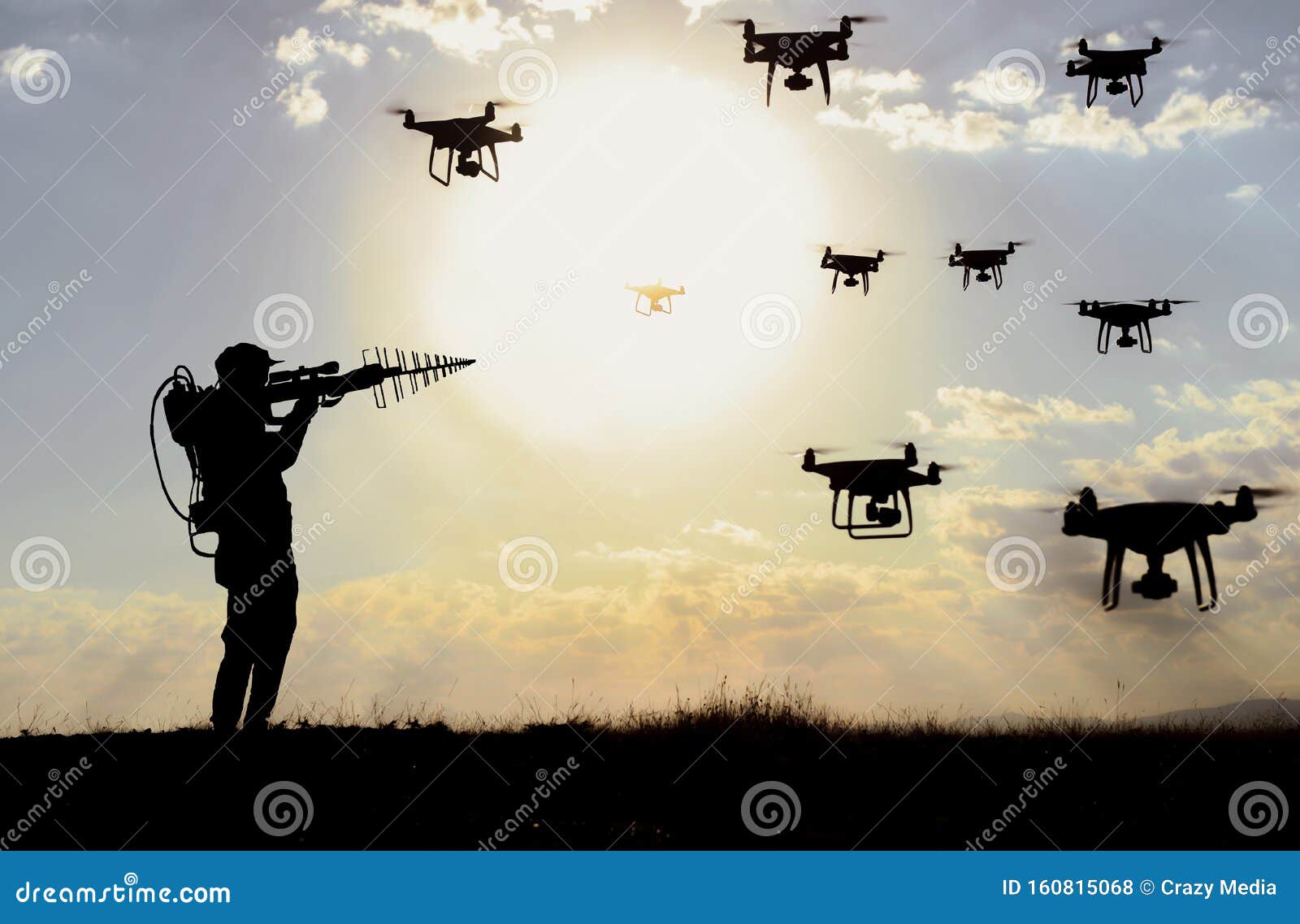 Military Drone Uav Flying At Sunset, The Sun Rays From The Clouds ...