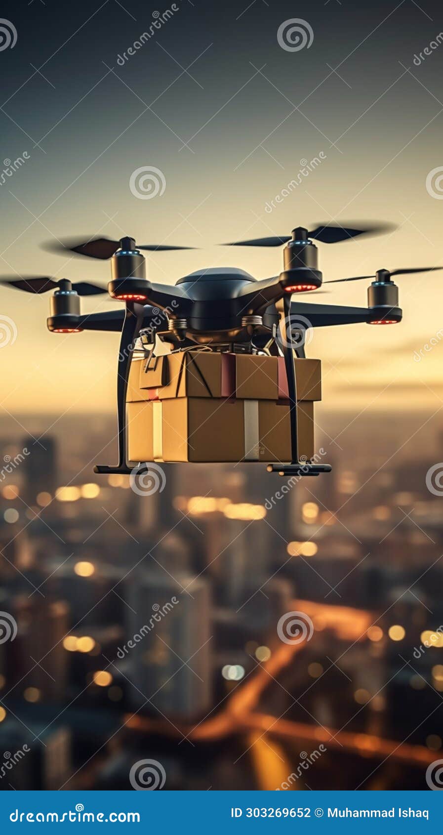 Drone Delivering a Box Package Parcel Flying in Sky Over the City Stock ...
