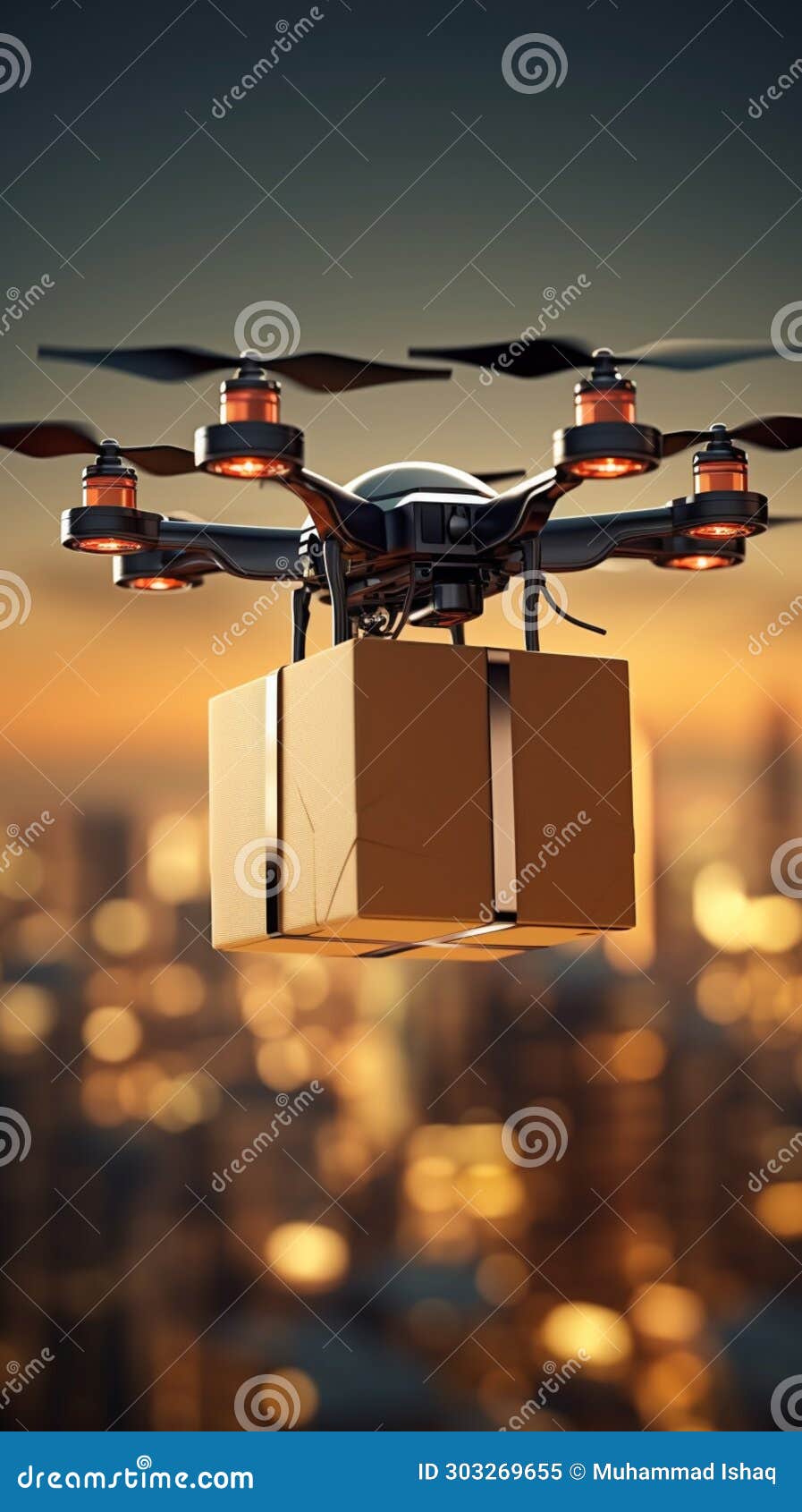 Drone Delivering a Box Package Parcel Flying in Sky Over the City Stock ...