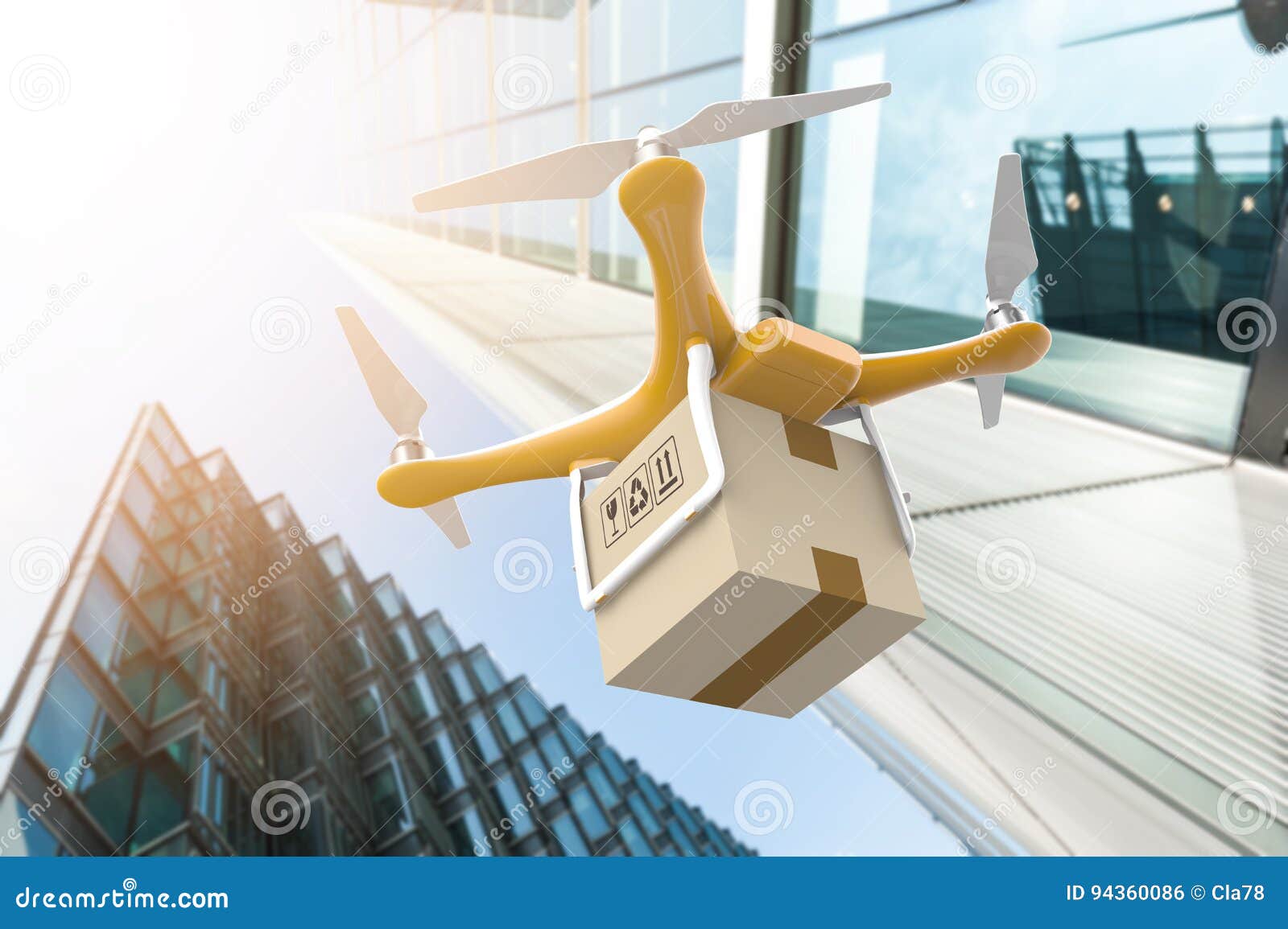 Drone with a Delivery Box Package in a Modern City Stock Illustration ...
