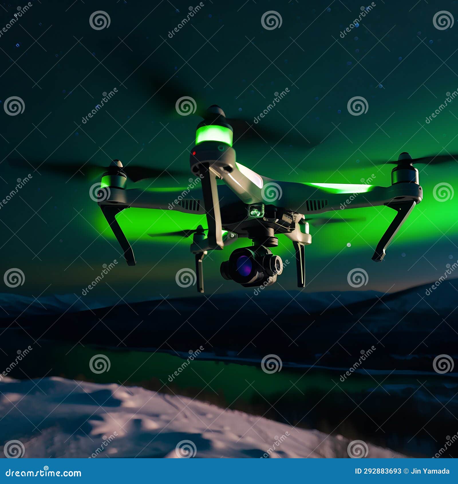 Drone with Digital Camera Flying in the Night Sky. 3d Rendering Stock Illustration ...