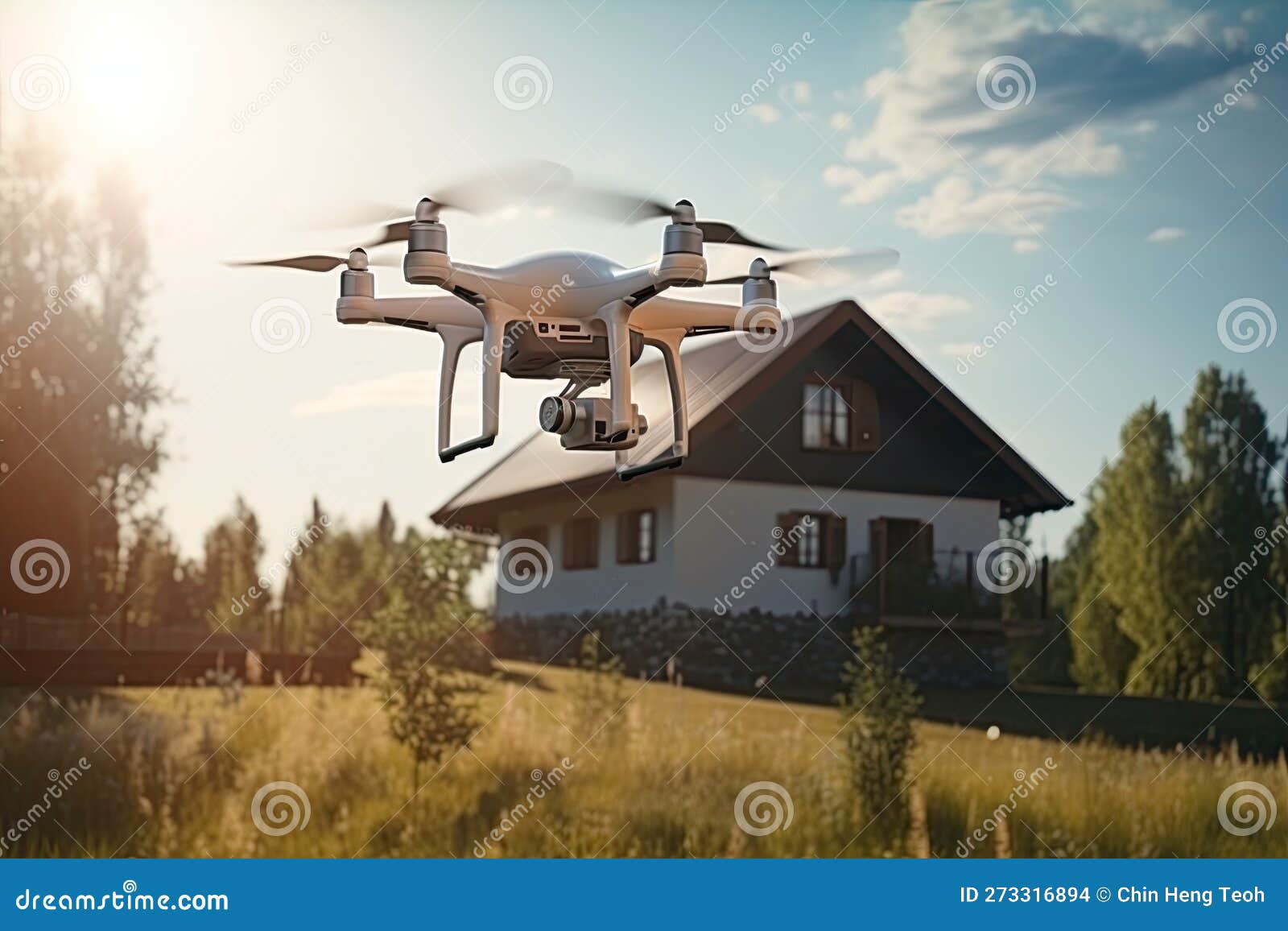 Drone with Digital Camera Flying Over House. Generative AI Stock ...