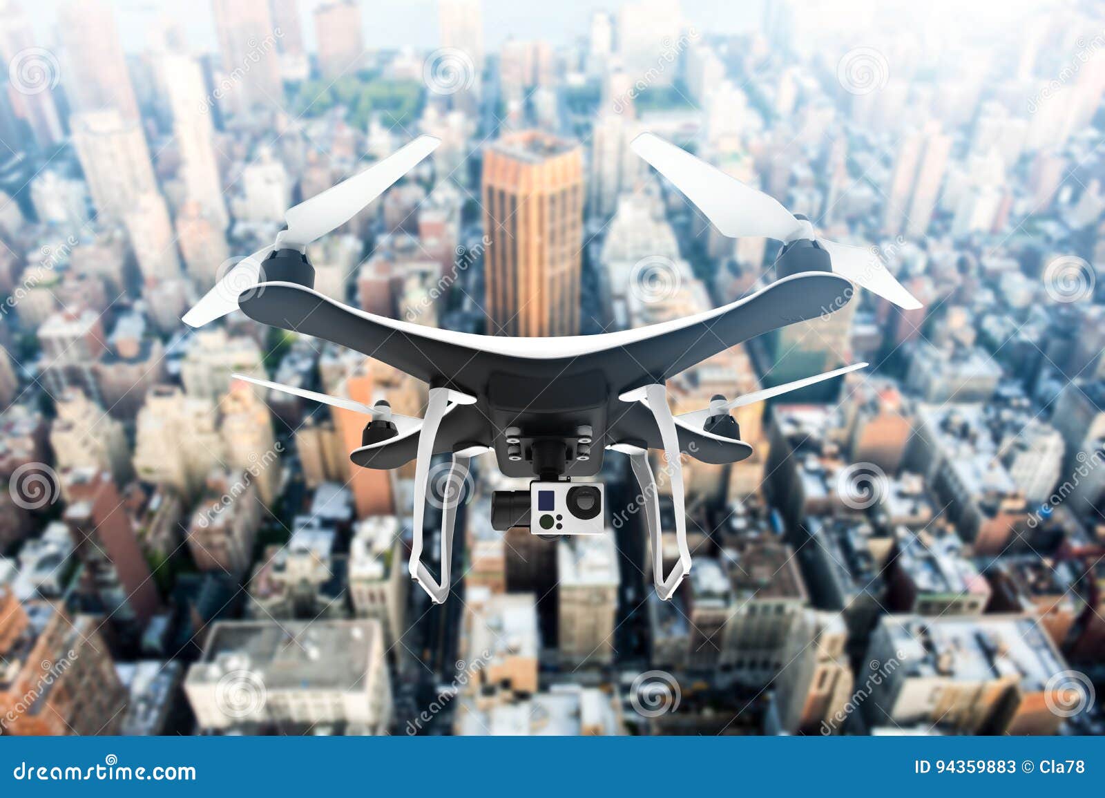 Drone with Digital Camera Flying Over a Modern Big City in the Sunlight ...