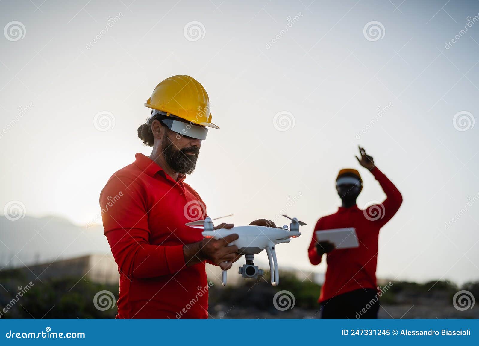Drone Engineer Working with Futuristic Glasses on Construction Site ...