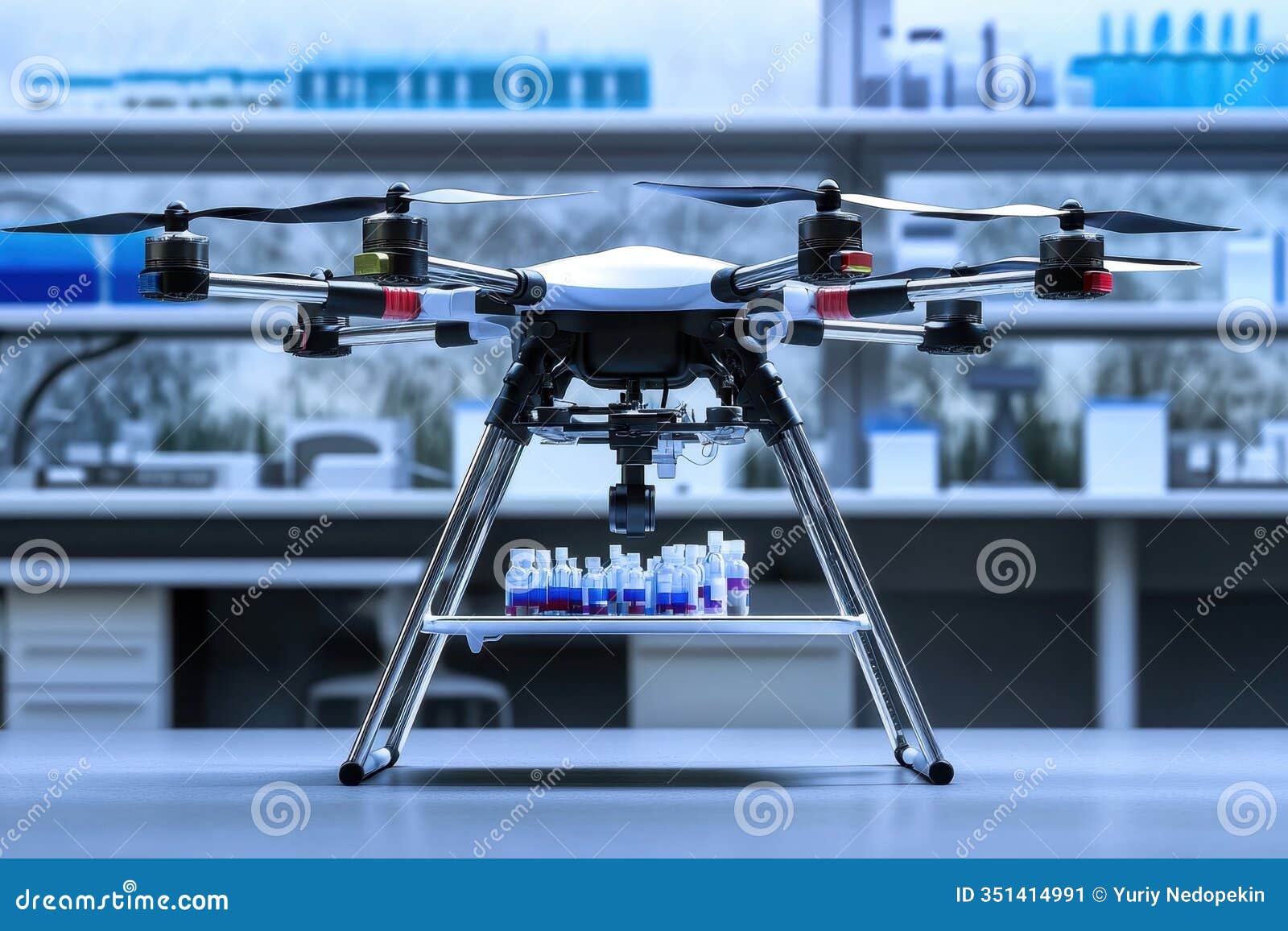 Drone Equipped with Laboratory Samples on a Workbench in a Modern ...
