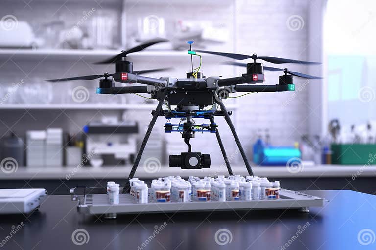 Drone Equipped for Laboratory Work Analyzes Samples on a Research Table ...