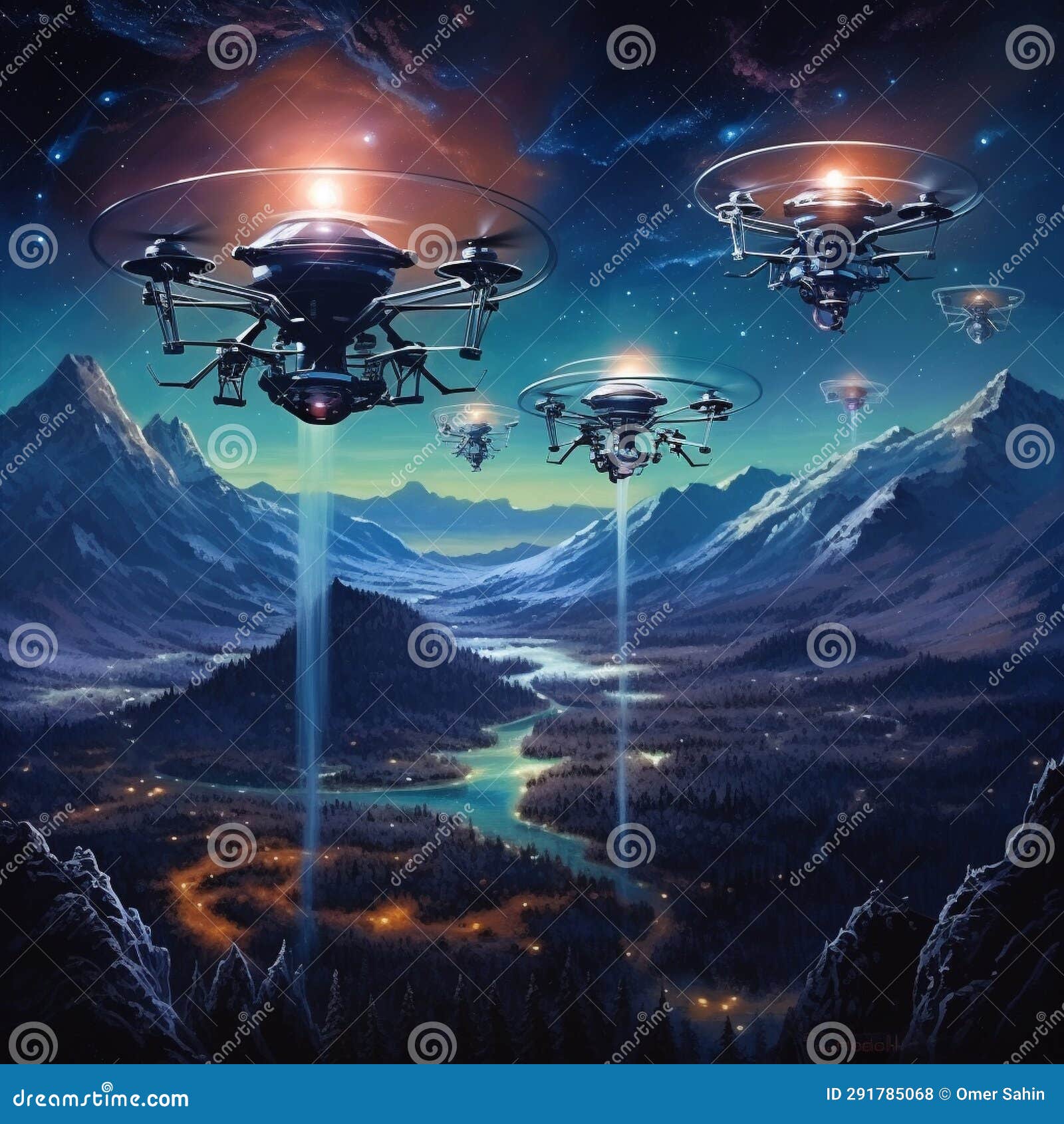 Drone Explorers in Outer Space Stock Photo - Image of twinkling ...