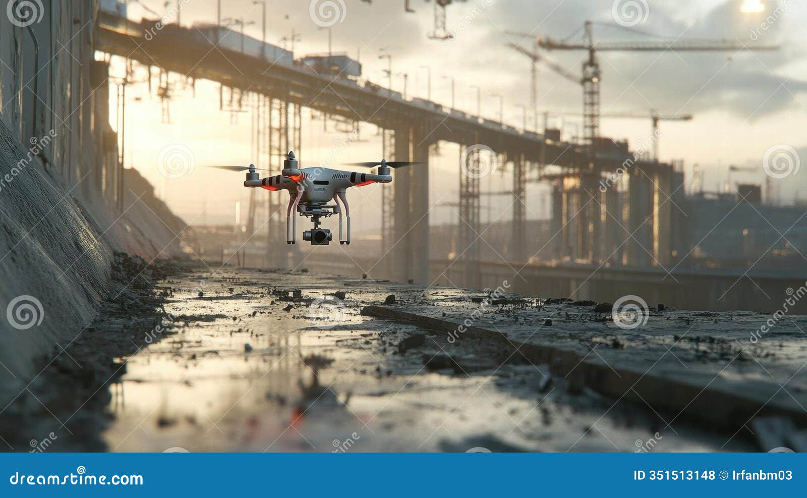 Drone Flies Over Construction Site at Sunset, Capturing Aerial View of ...