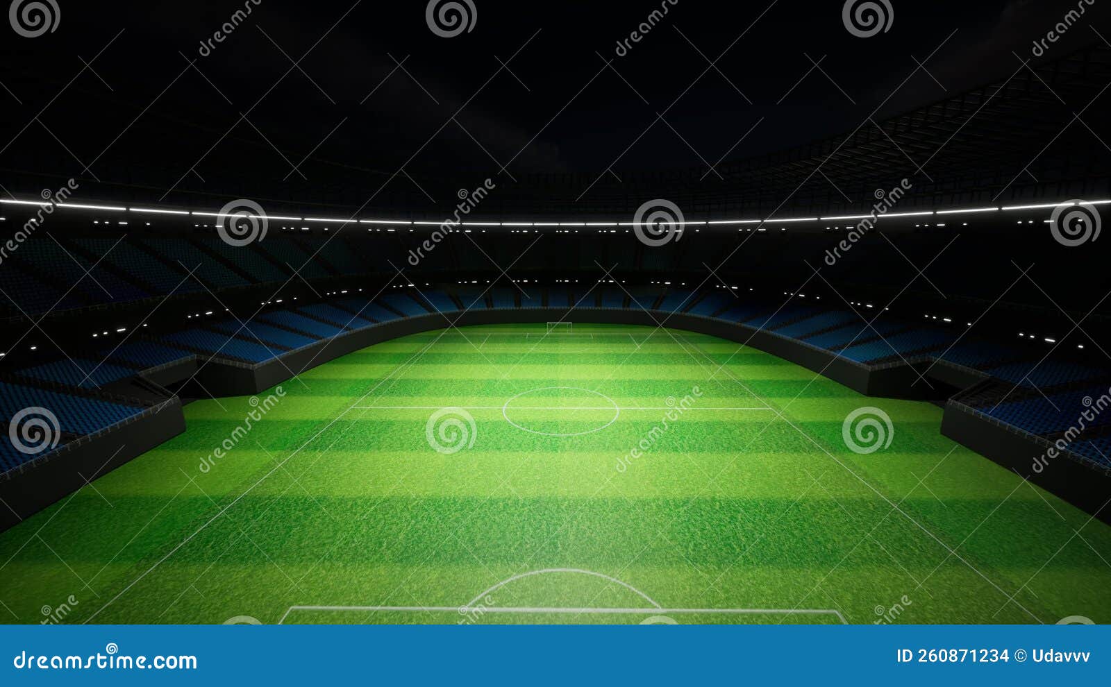 Drone Flies Over an Empty Night Football Stadium Panning. 3D Render ...