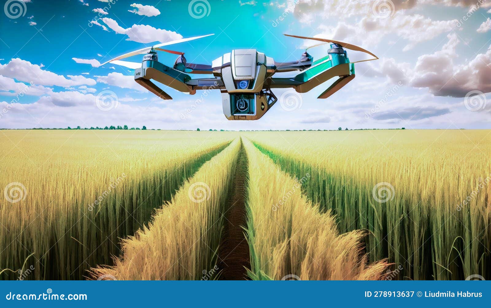 Drone Flies in the Sky Over Rice Fields. Generative AI Stock ...