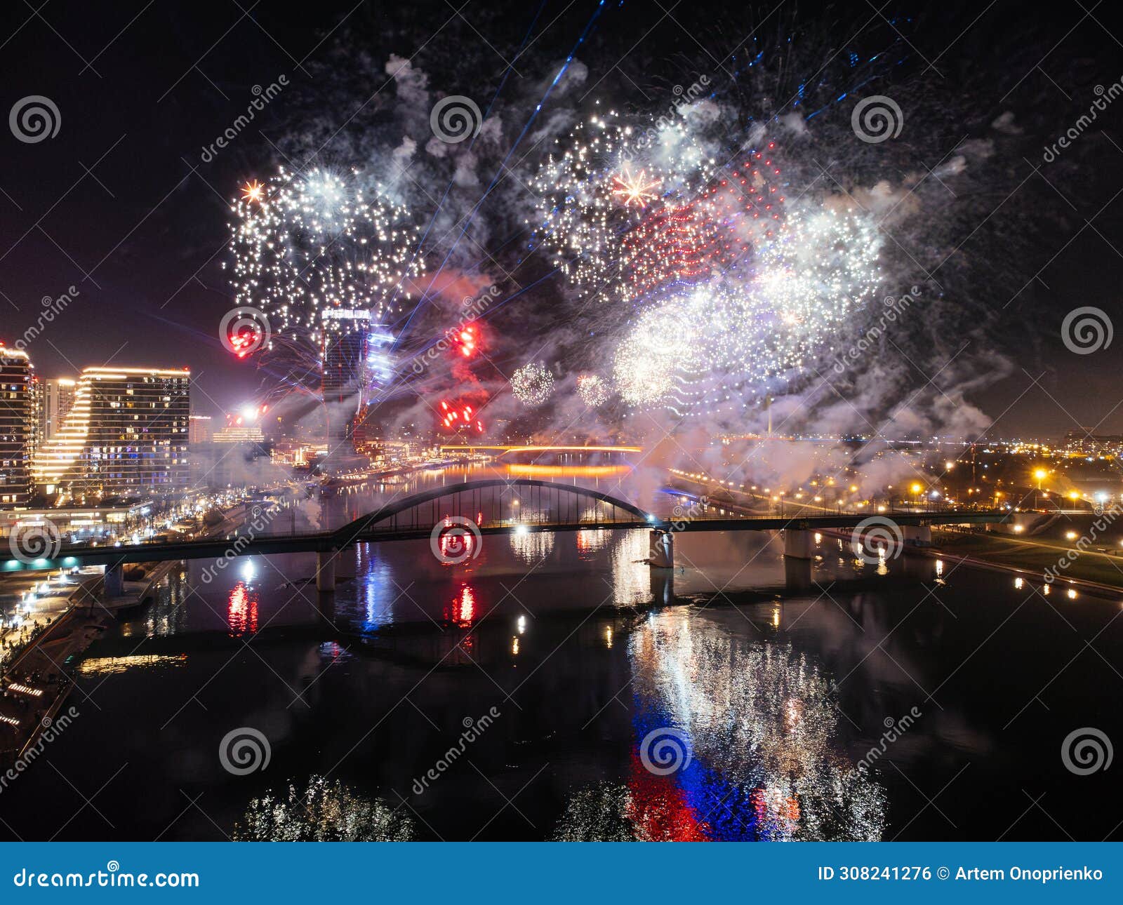 Drone Flight Above Colorful Fireworks on the Black Sky Background Over ...