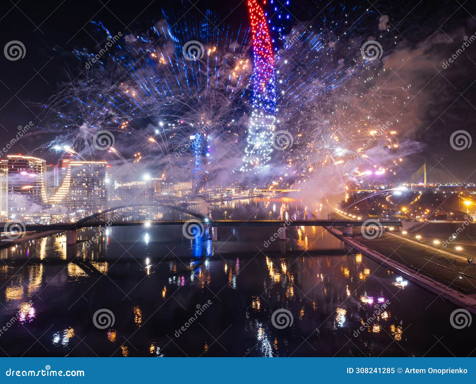 Drone Flight Above Colorful Fireworks on the Black Sky Background Over ...