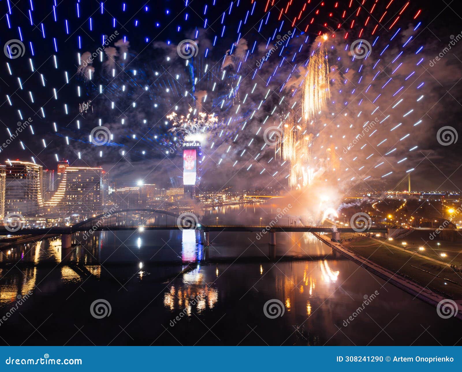 Drone Flight Above Colorful Fireworks on the Black Sky Background Over ...