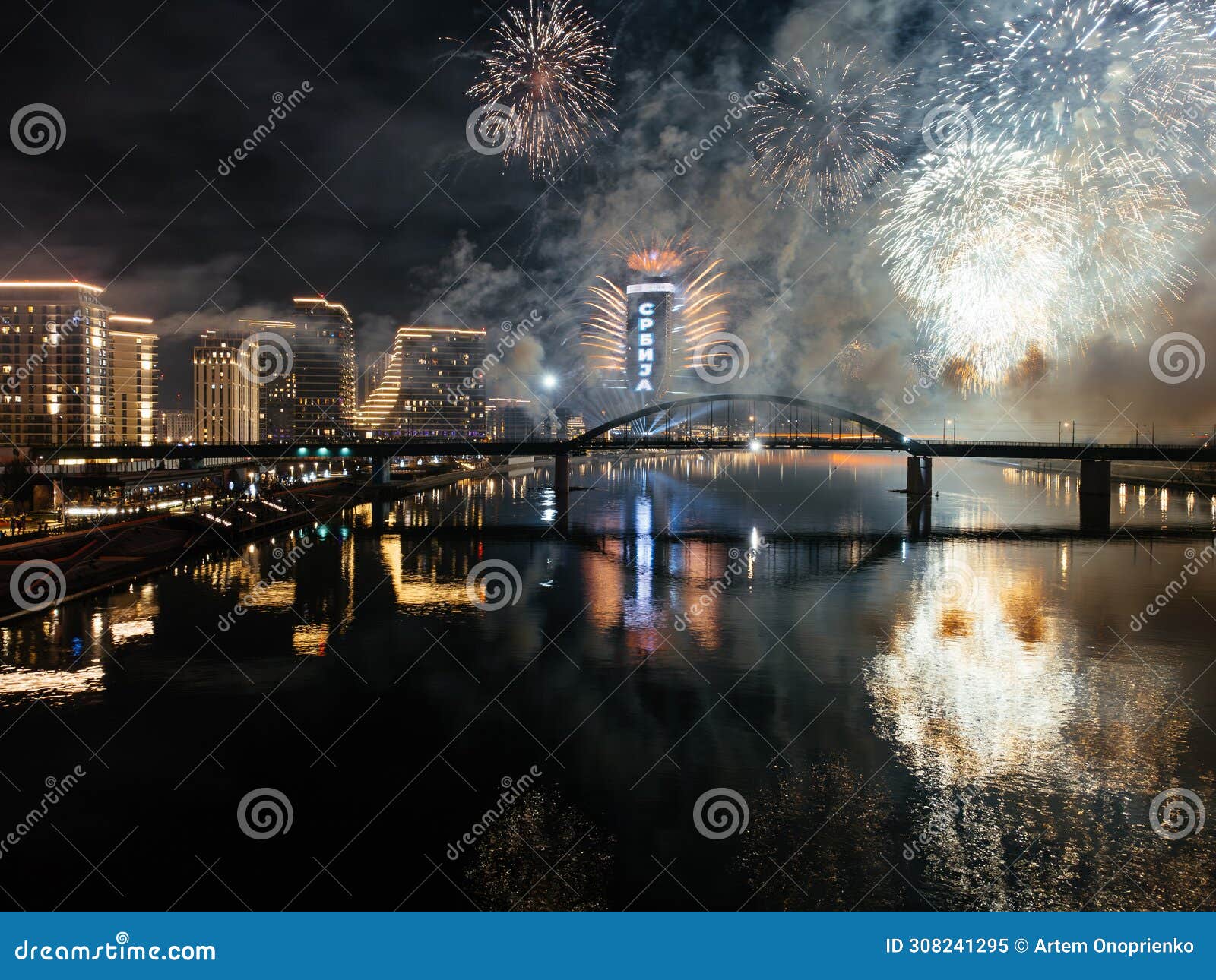 Drone Flight Above Colorful Fireworks on the Black Sky Background Over ...