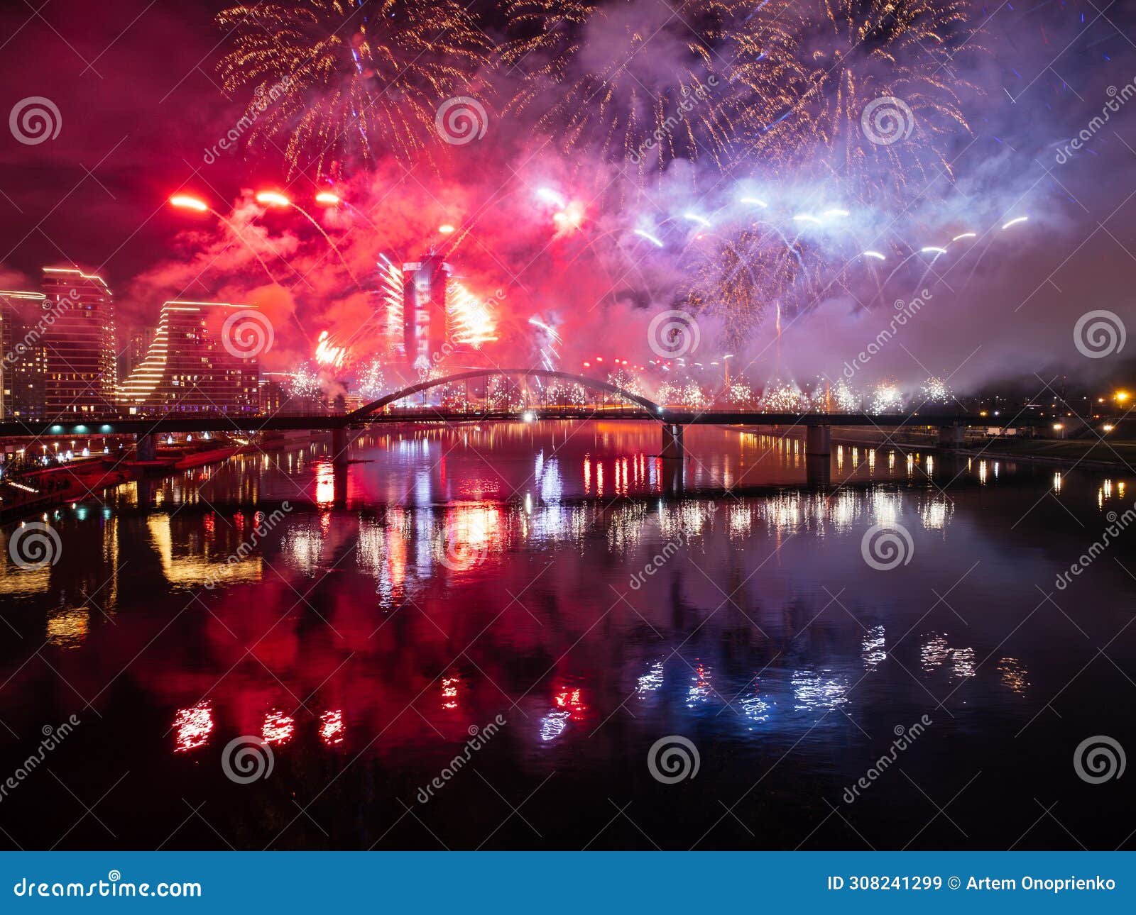 Drone Flight Above Colorful Fireworks on the Black Sky Background Over ...