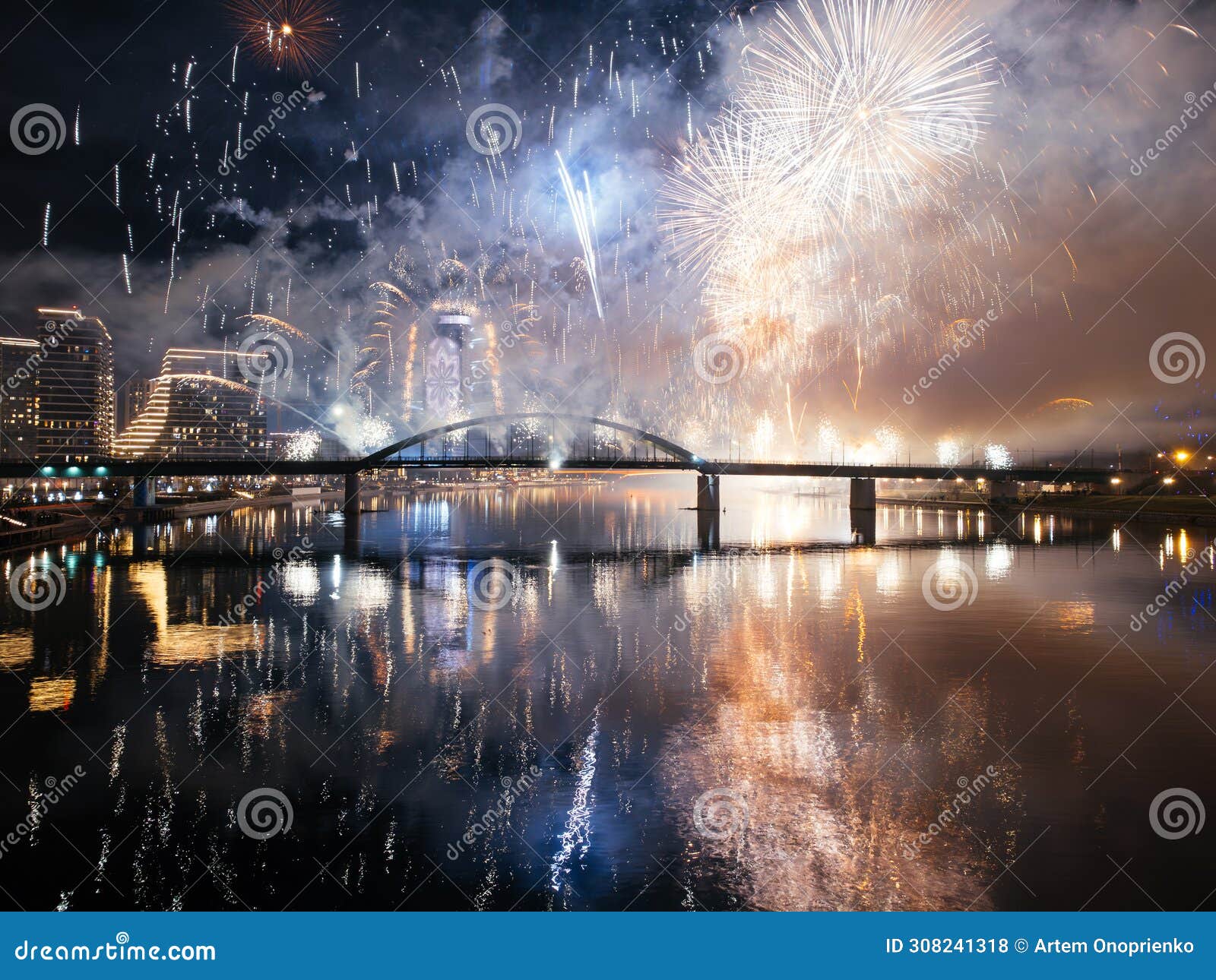 Drone Flight Above Colorful Fireworks on the Black Sky Background Over ...