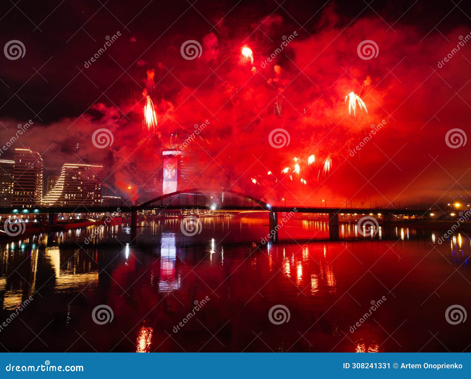 Drone Flight Above Colorful Fireworks on the Black Sky Background Over ...