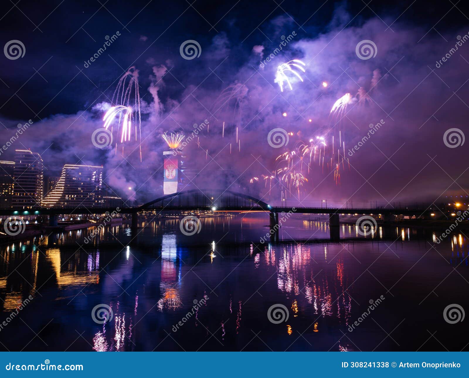 Drone Flight Above Colorful Fireworks on the Black Sky Background Over ...