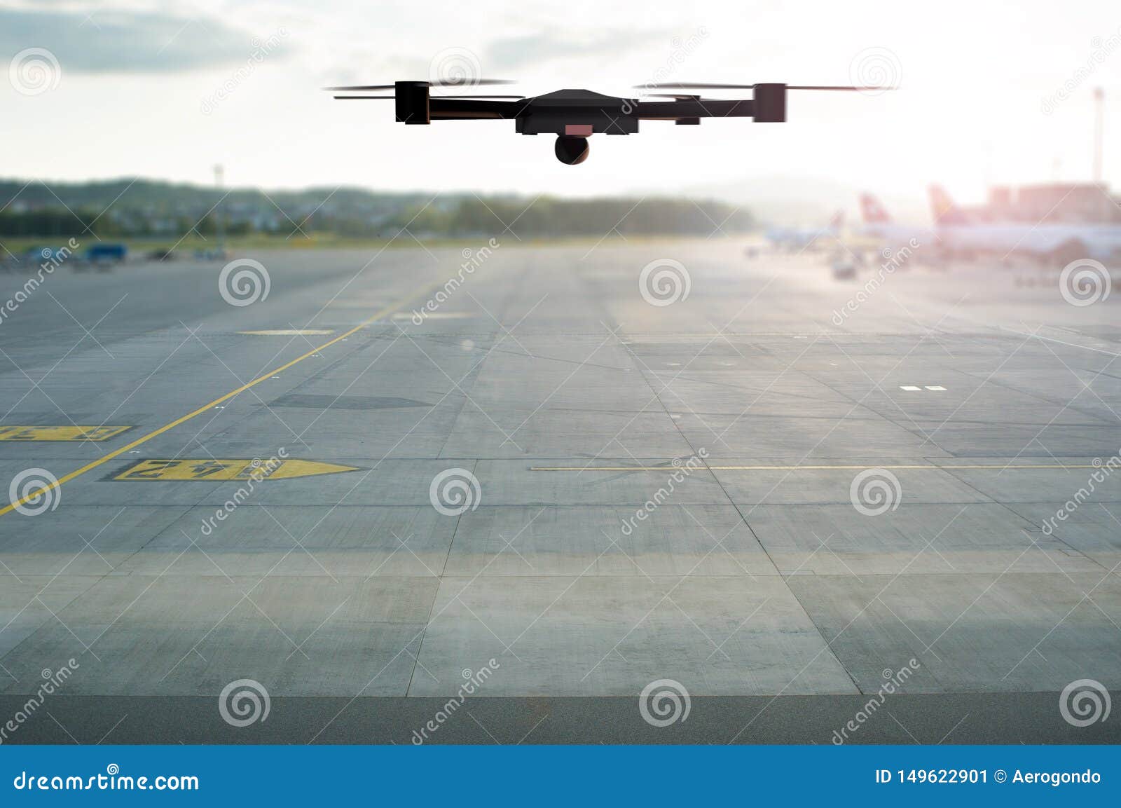 Drone Flying Above the Airport Runway Stock Image - Image of control ...