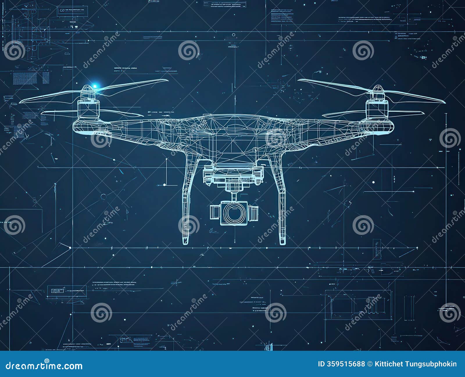 Drone Flying Above a Blueprint Layout with Technical Drawings and ...