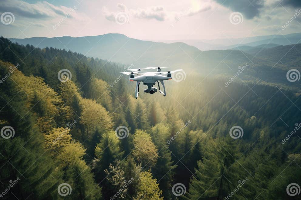 Drone Flying Above Forest Canopy, with Clear View of the Trees Stock ...