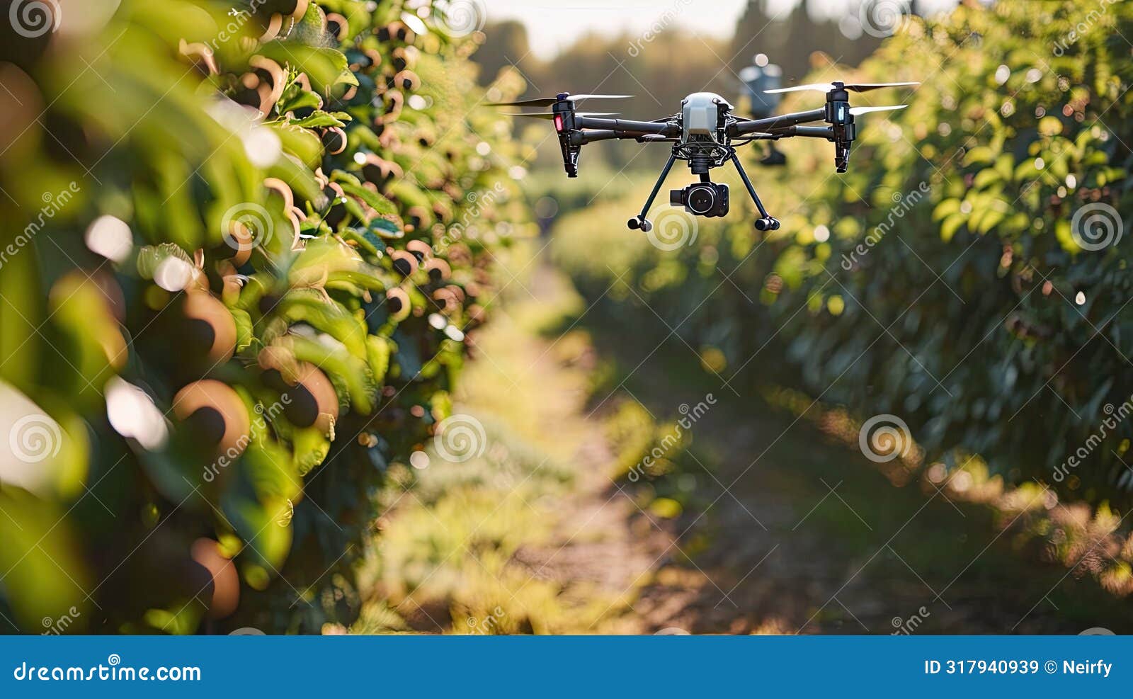 Drone Flying Above a Lush Orchard, Controlled by a Man, Modern Farming ...