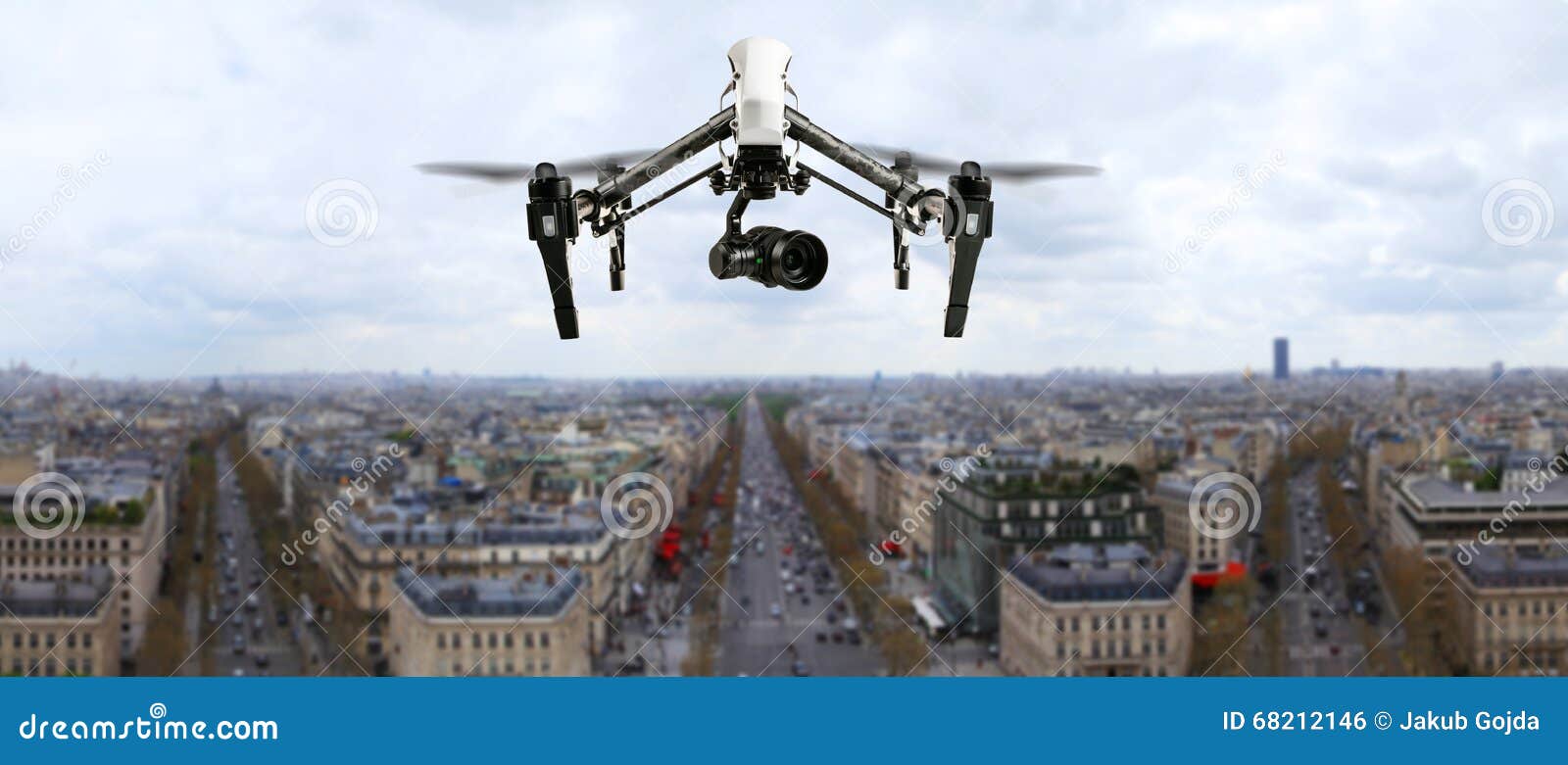 Drone Flying Above Paris City Panorama Stock Photo - Image of copter ...
