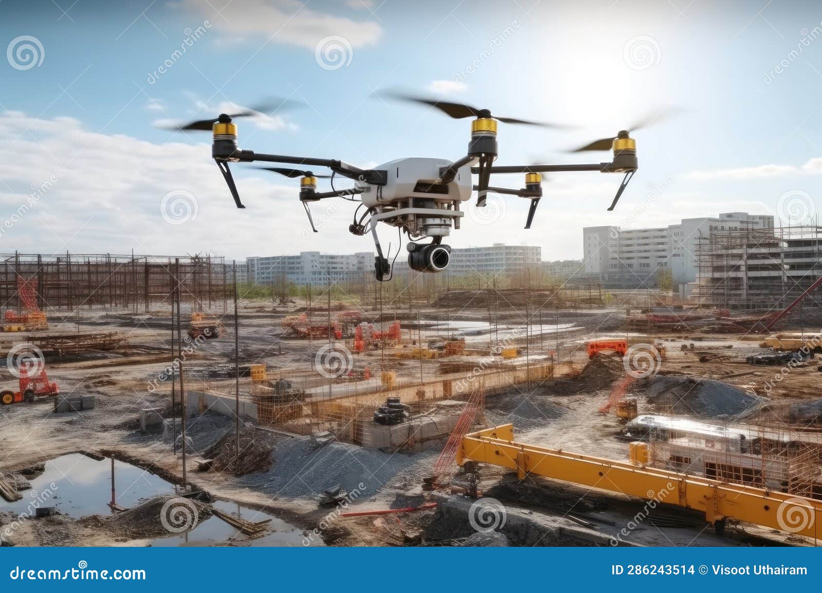 Drone Flying at Building Site Under Construction. Aerial Survey Stock ...