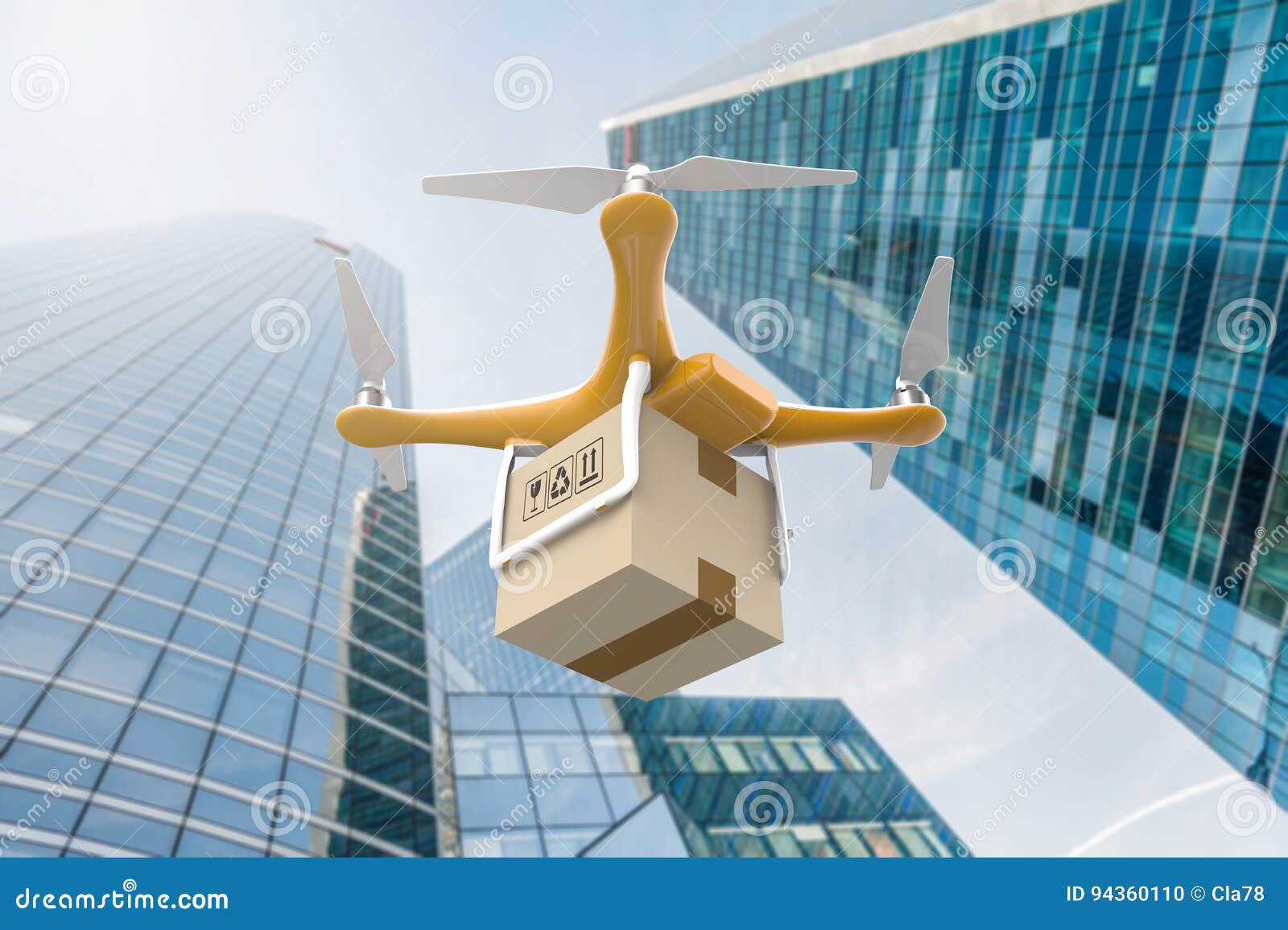 Drone Flying with a Delivery Box Package in a City Stock Illustration ...