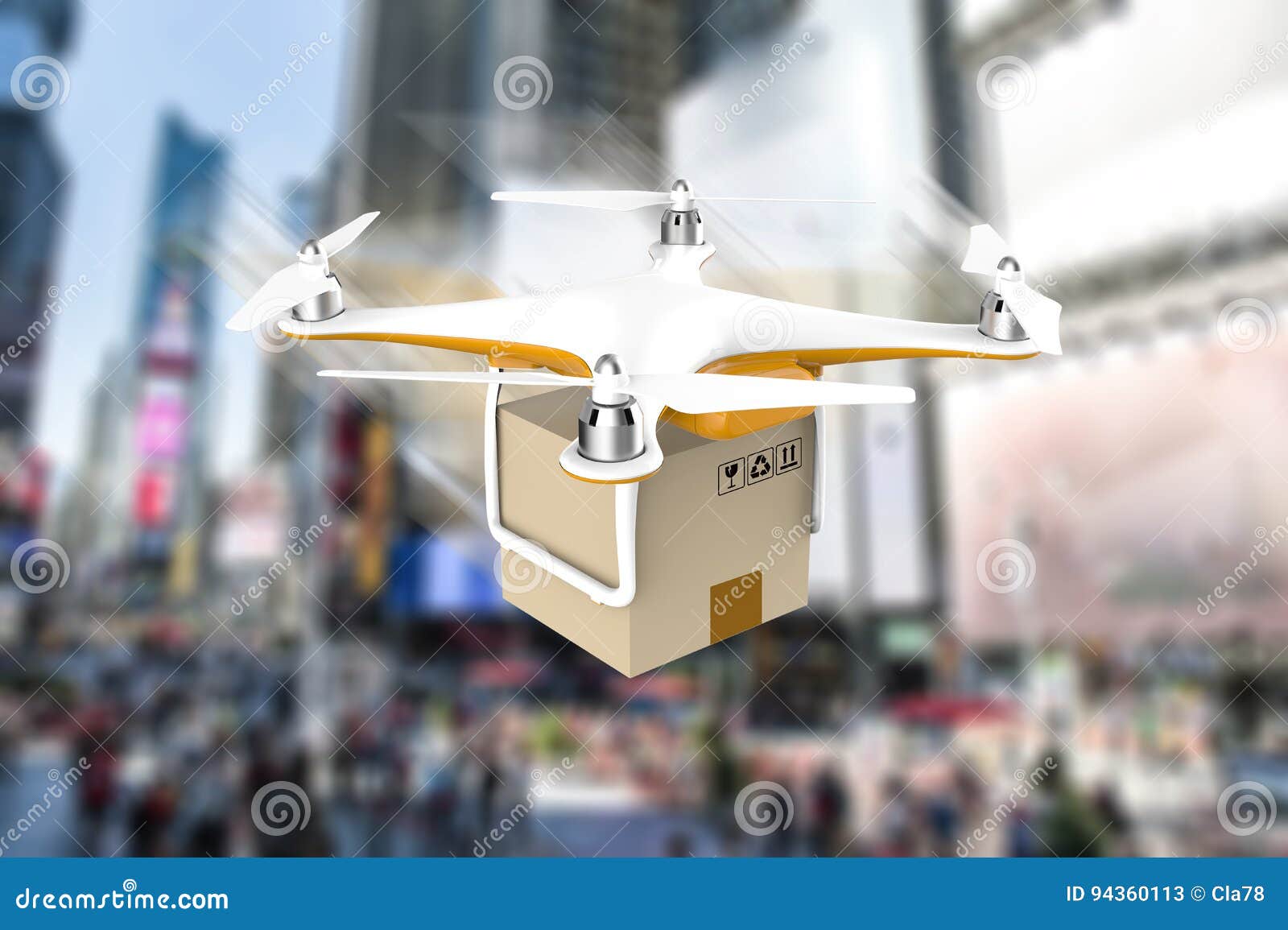 Drone Flying with a Delivery Box Package in a Modern City Stock ...