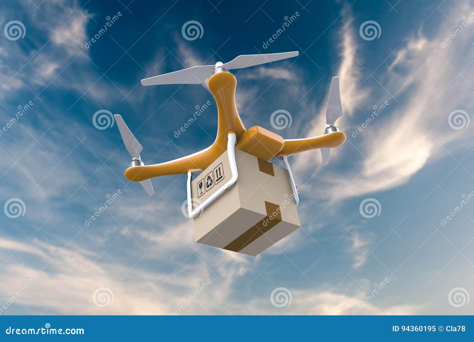 Drone Flying with a Delivery Box Package in the Sky Stock Illustration ...