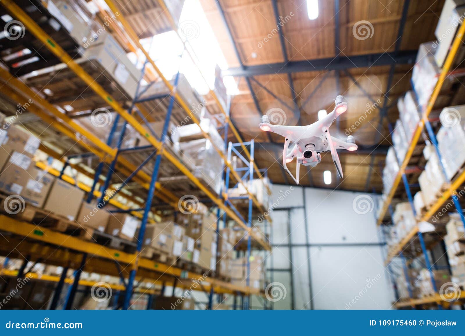 Drone Flying Inside the Warehouse. Stock Photo - Image of goods, flying ...