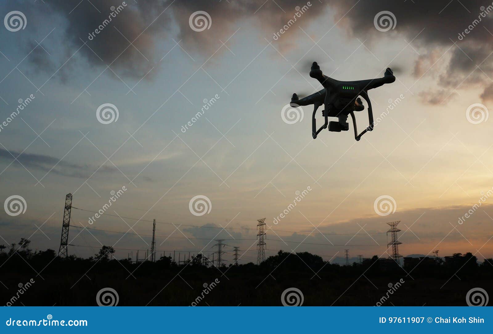 Drone Flying Near Electricity Power Lines Tower Stock Image - Image of ...