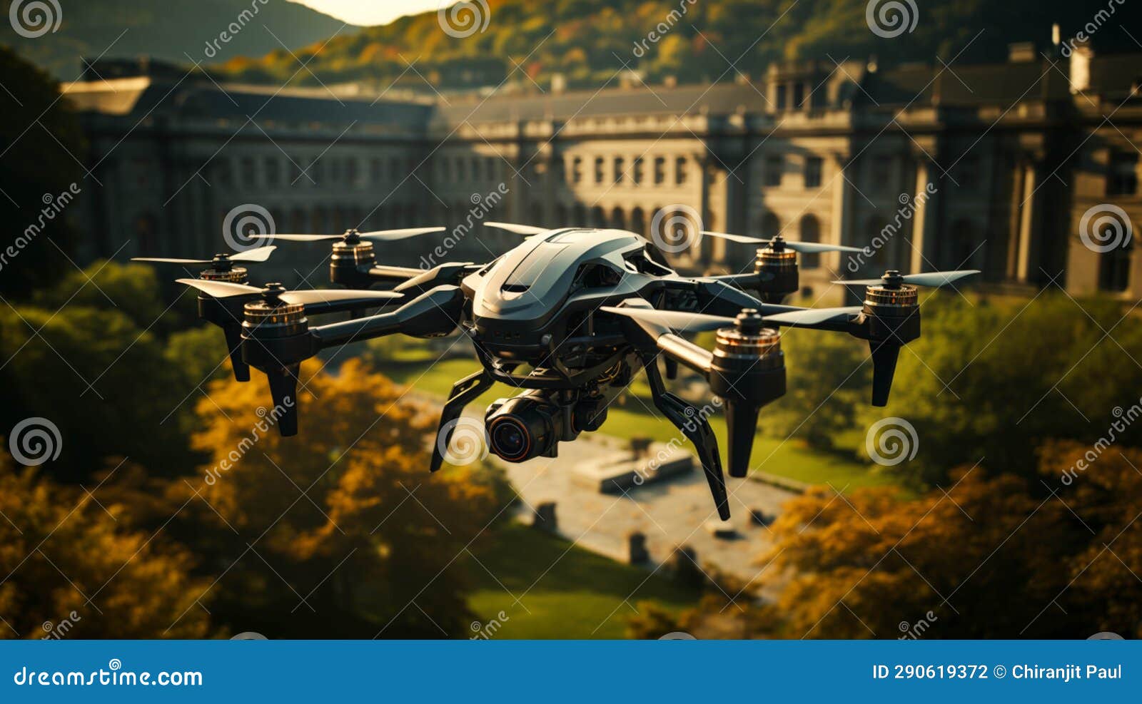 A Drone Flying Over the Building Top Stock Illustration - Illustration ...