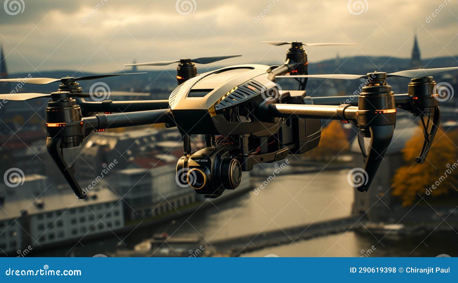 A Drone Flying Over the Building Top Stock Illustration - Illustration ...