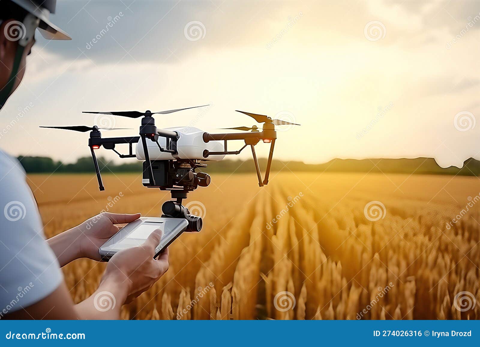Drone Flying Over Fields Agriculture of Smart Farming Controlled by ...