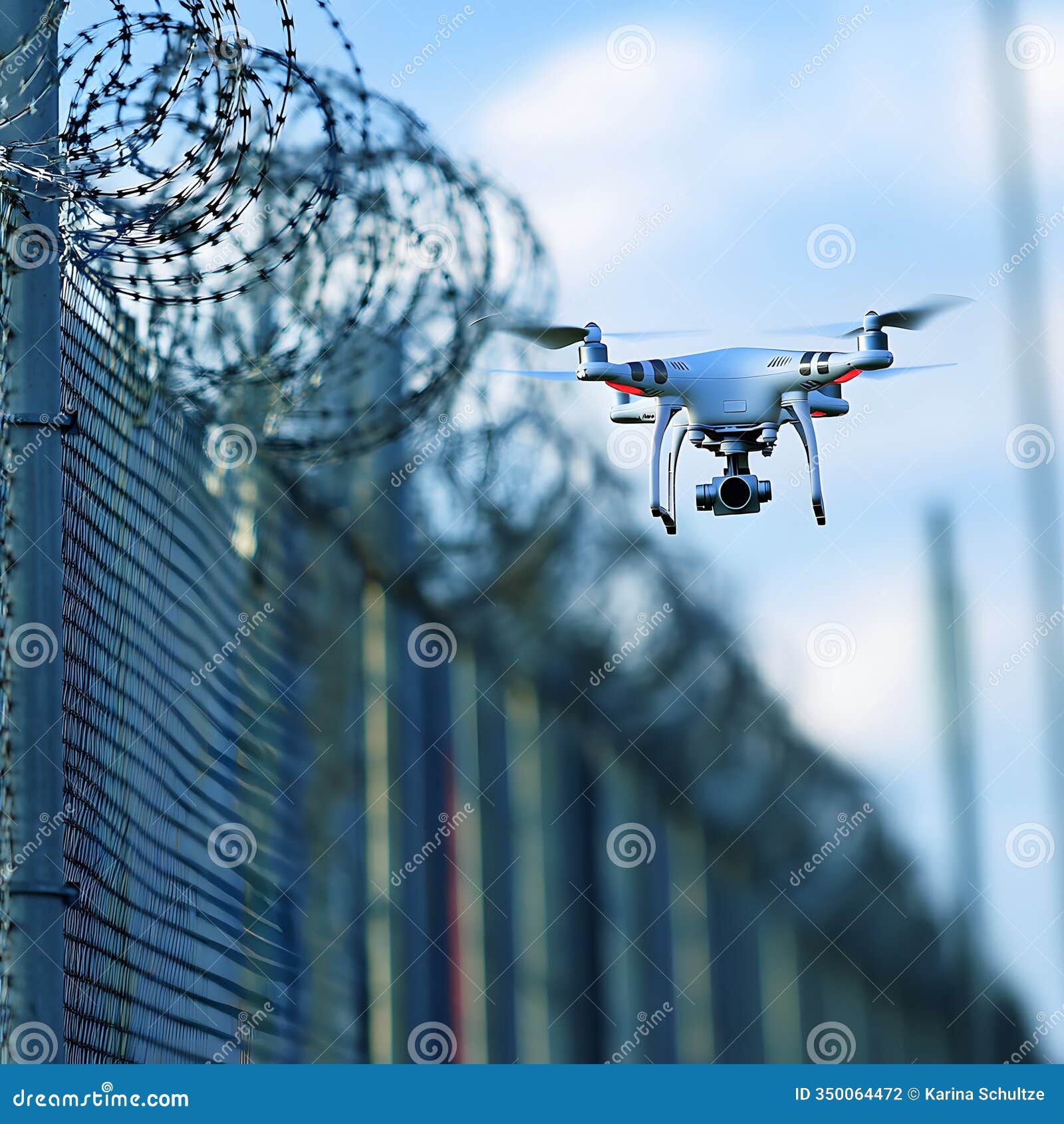 Drone Flying Over Prison Perimeter Fence with Barbed Wire Stock ...