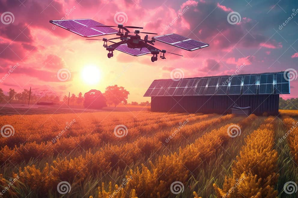 Drone Flying Over a Solar Panel Field Stock Illustration - Illustration ...