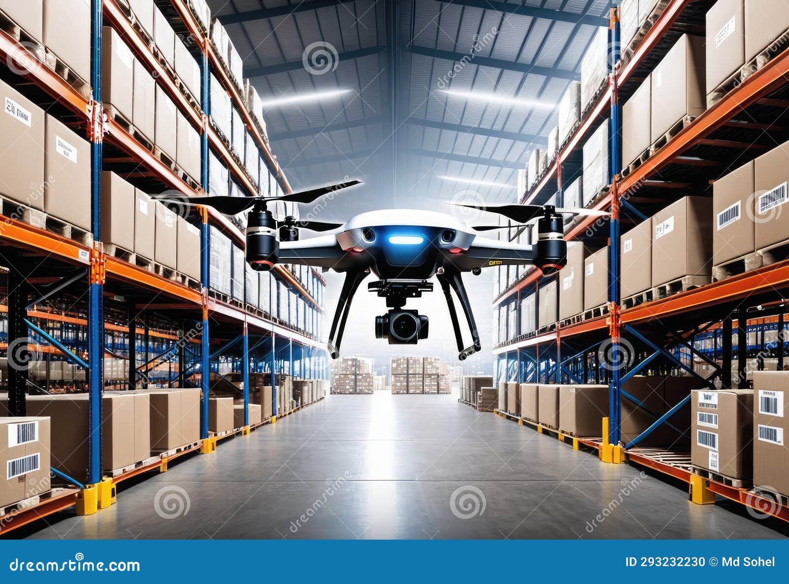 A Drone Flying Over a Warehouse- Scanning the Barcodes of the Goods and ...