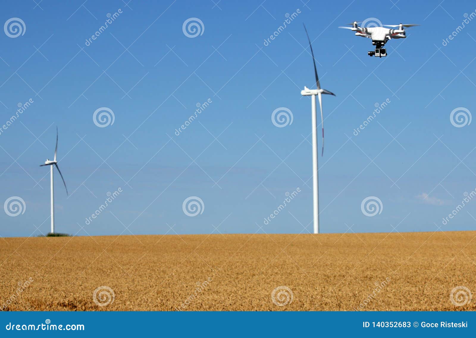 Drone Flying Over Wheat Field with Wind Turbines Stock Image - Image of ...