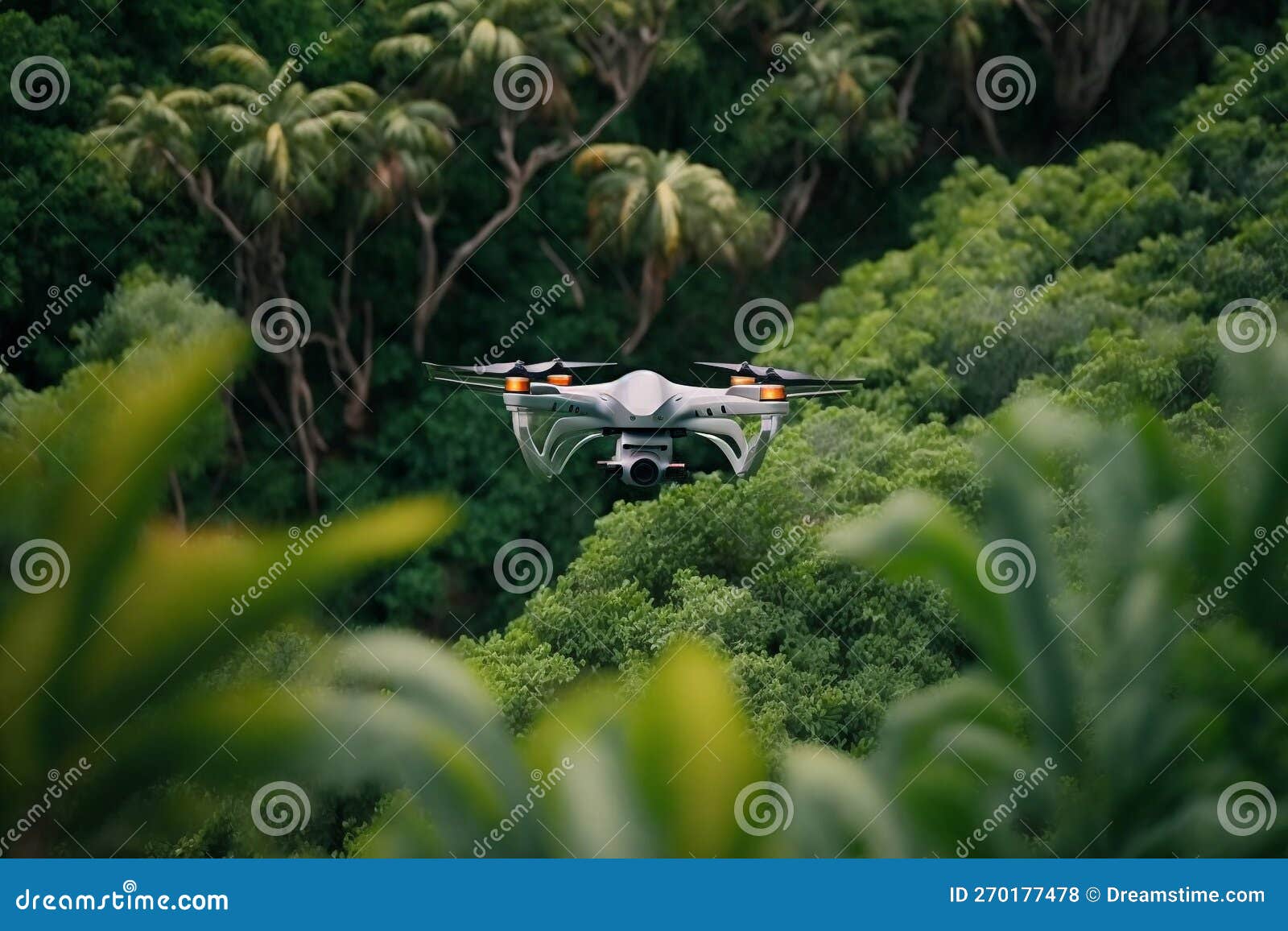 Drone Flying Among The Trees In The Green Jungle Illustration ...