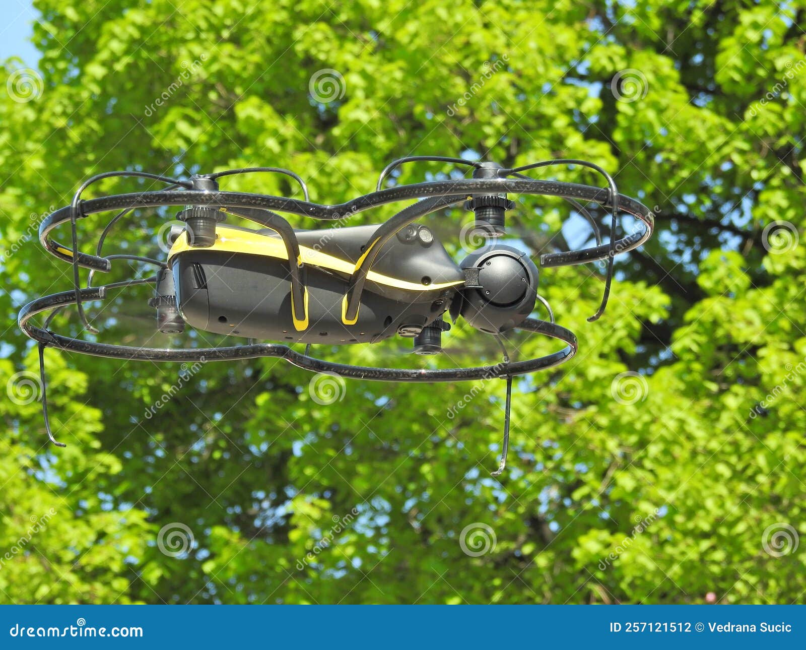 Drone flying among trees stock photo. Image of angle - 257121512